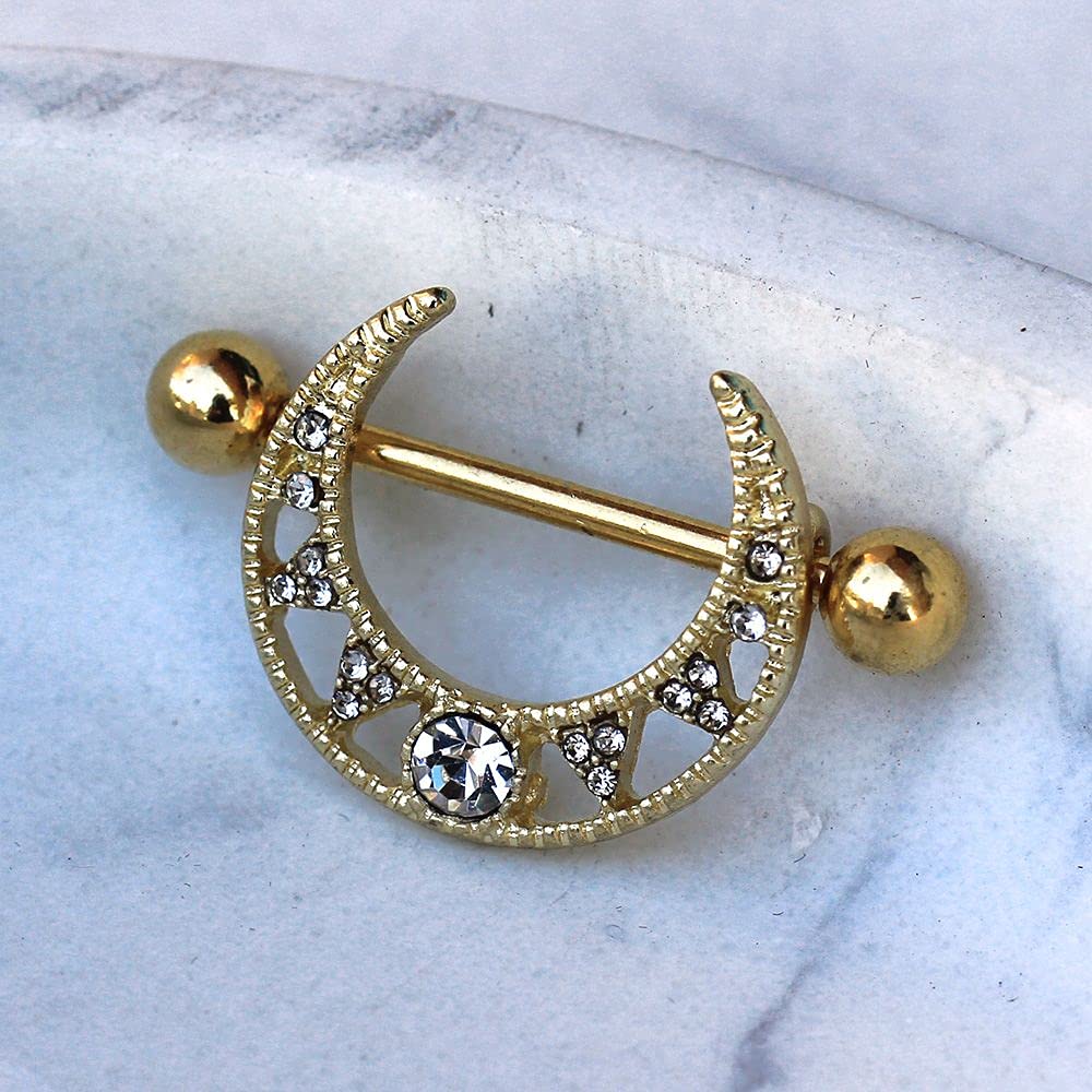 Pierced Owl 14GA Gold Plated Stainless Steel Jeweled Tribal Crescent Moon Nipple Shields, Sold as a Pair