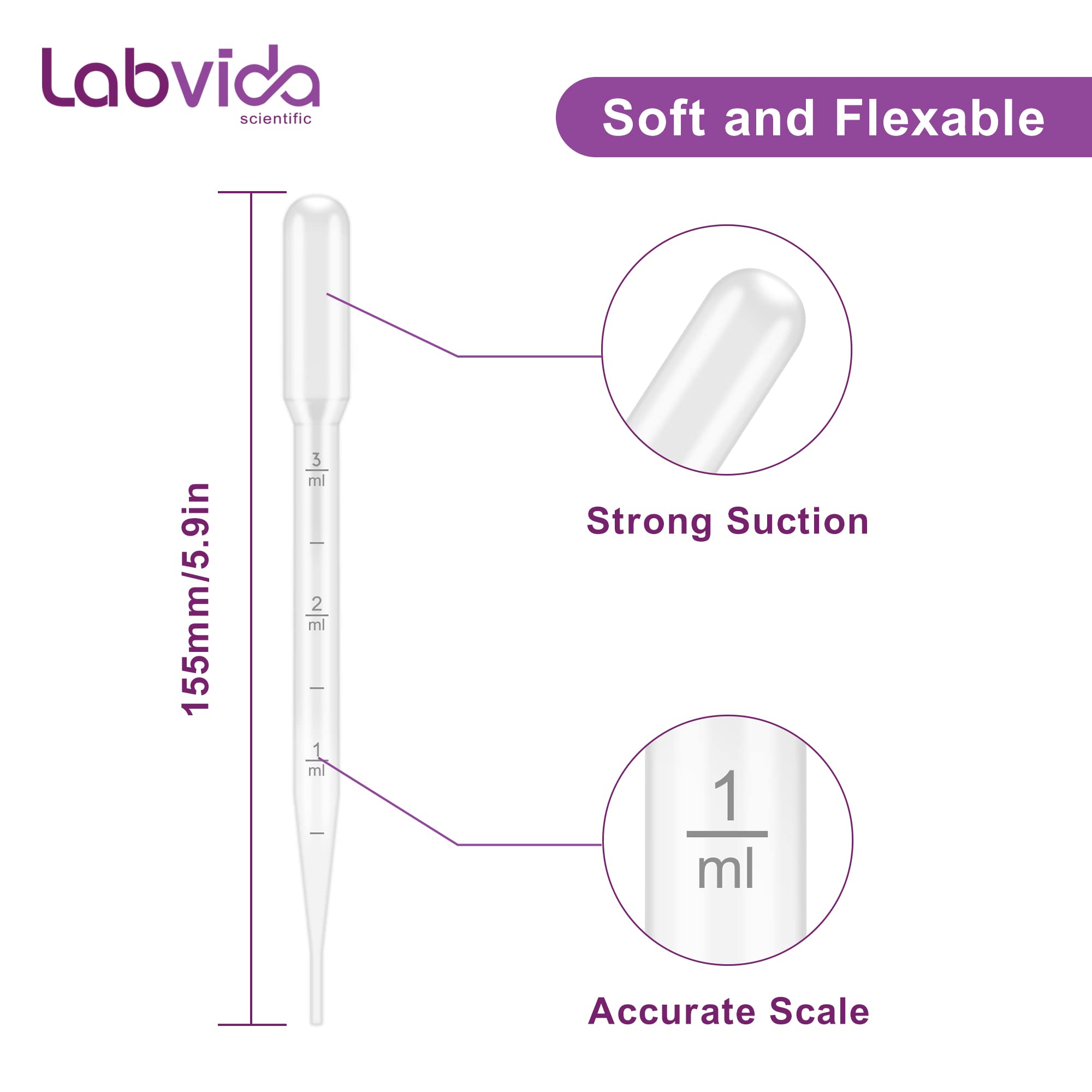 Labvida 200PCS 3ml Disposable Plastic Transfer Pipettes, Calibrated Dropper Suitable for Essential Oils Deployment,Science Laboratory, DIY Art, LVG003