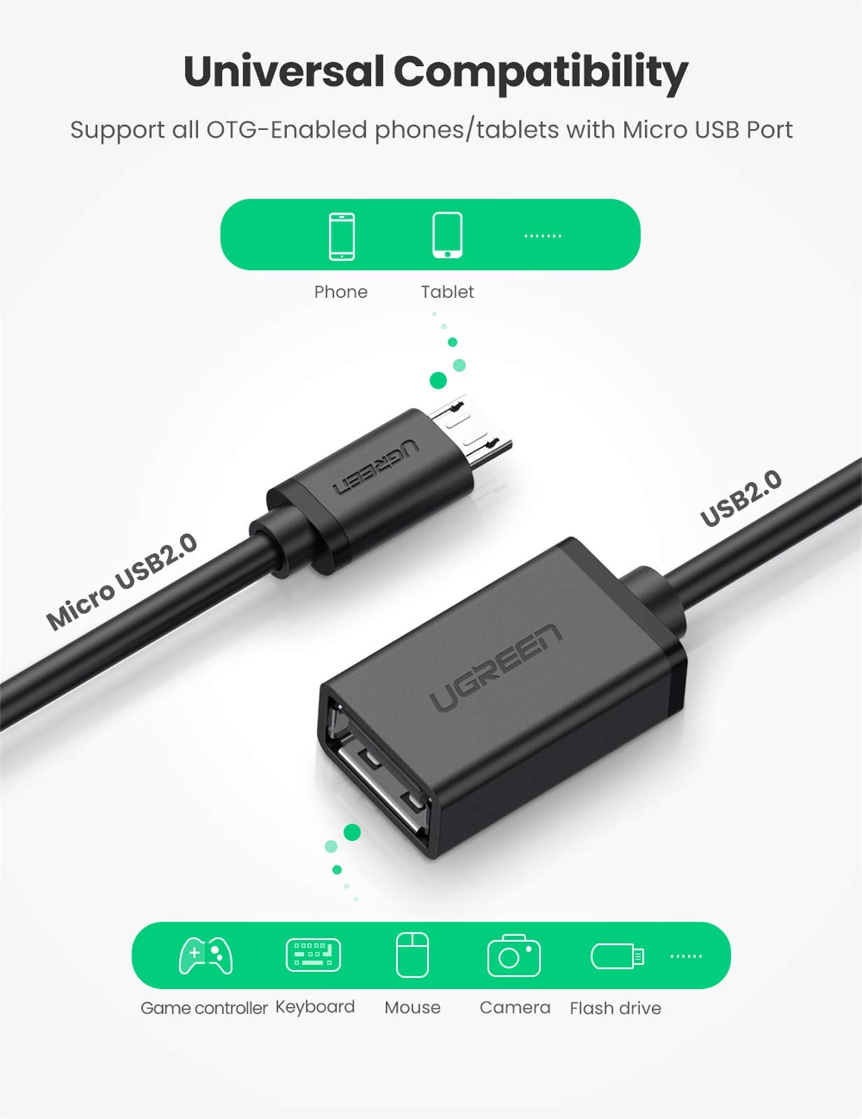 UGREEN Micro USB 2.0 OTG Cable On The Go Adapter Male Micro USB to Female USB Compatible with Samsung Phone S7 S6 Edge S4 S3 LG G4 Controller Android Windows Smartphone Tablets 4 Inch Black
