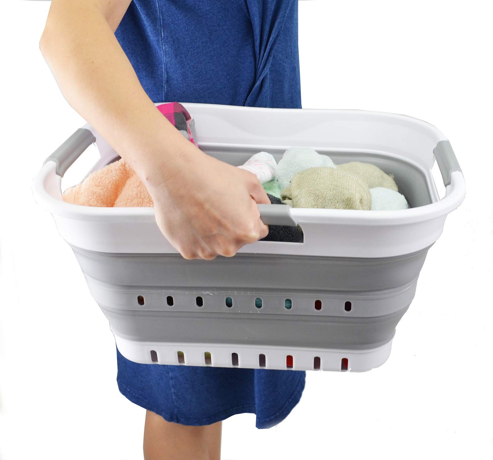 SAMMART Collpasible Laundry Basket (19L Collapsible Laundry Basket with Holes (White/Grey))