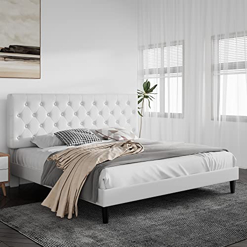 SHA CERLIN King Size Bed Frame with Button Tufted Headboard, Faux Leather Upholstered Mattress Foundation, Platform Bed Frame, Wooden Slat Support, No Box Spring Needed, White