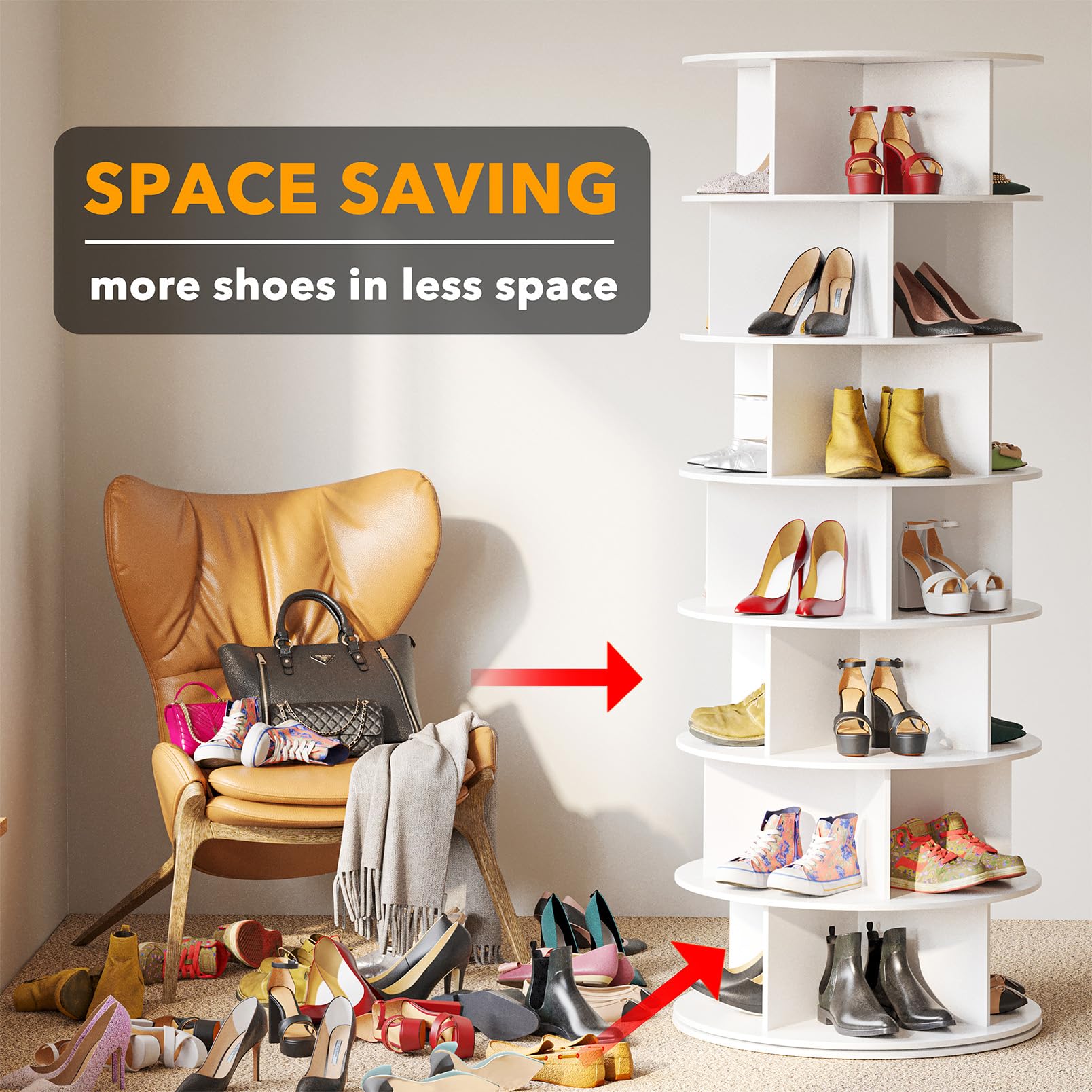SpaceAid Cross Style 7-Tier Rotating Shoe Organizer, Spinning Shoe Rack Tower, 360 Display Lazy Susan Storage, Handbag Rotate Tower Closet Organization (Modern Style, White)