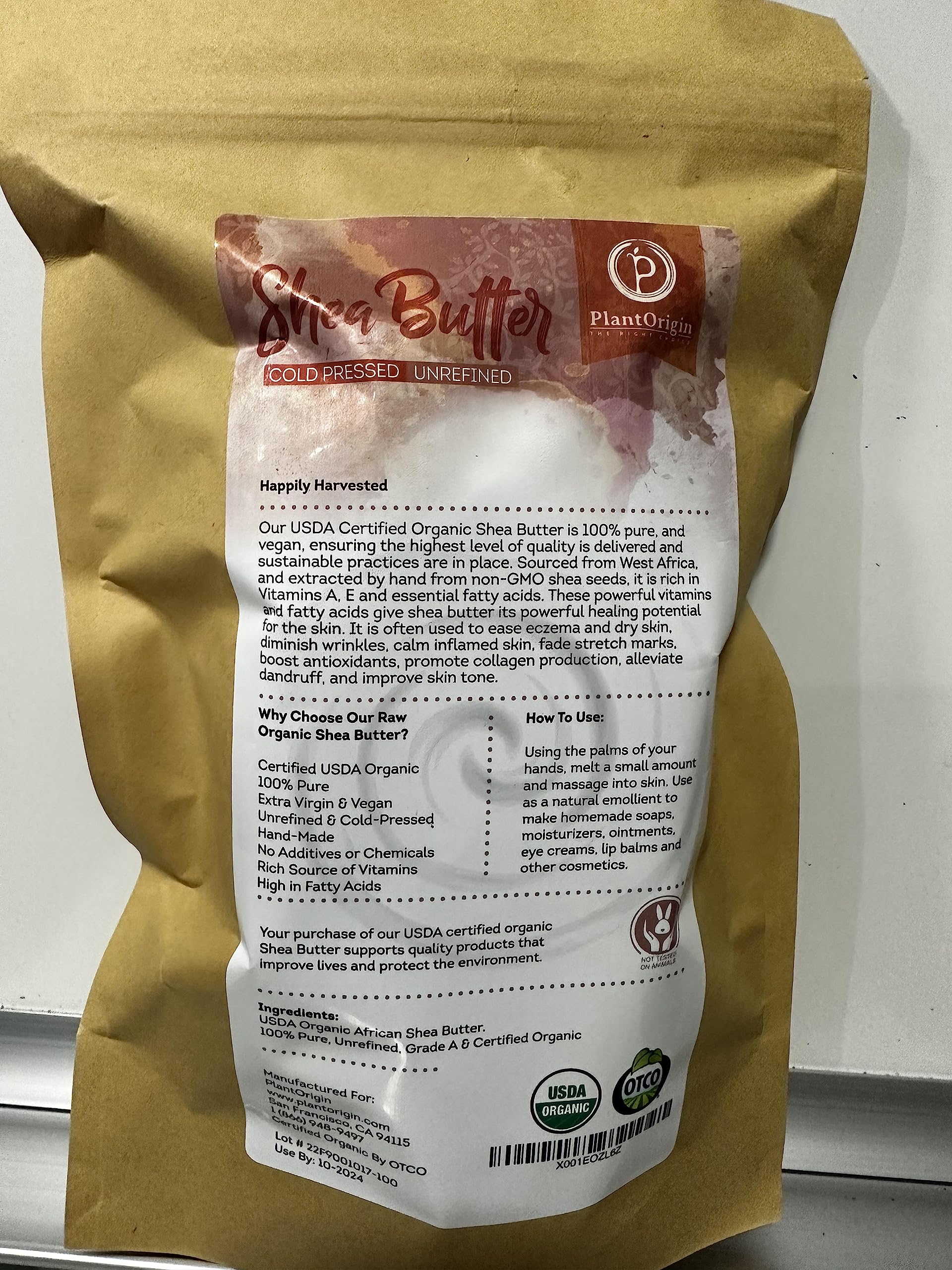 PLANTORIGIN Shea Butter 1 lb | Raw USDA Certified Organic | African Unrefined | Great for Hair, Skin, and your DIY Projects | Soap Making Base, Lip Balm, Stretch Mark Cream.