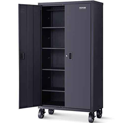 VEVOR Metal Storage Wheels, 200 lbs Load Capacity per Shelf 72'' Tall Powder-Coating Steel Cabinet with 4 Adjustable Shelves, Magnet Doors & Lock, Perfect for Office Home Garage, Black