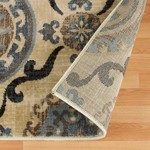 SUPERIOR Abner Collection Area Rug, 10mm Pile Height with Jute Backing, Fashionable and Affordable Rugs, Beautiful Scrolling Medallion Pattern - 5' x 8' Rug, Cream with Blue and Beige