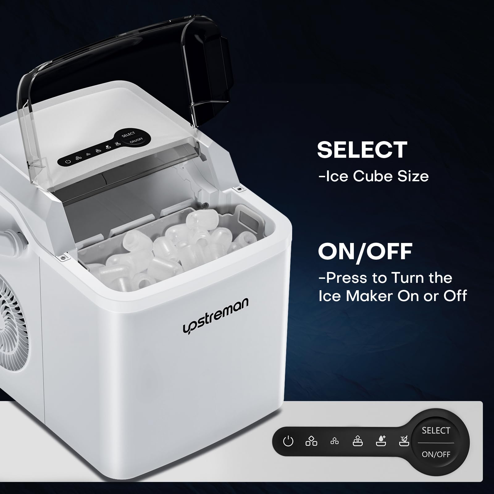 Upstreman Y90 Countertop Ice Maker, Self-Cleaning, Portable Ice Machine, 26Lbs/24 Hours, 9 Ice Cubes Maker Machine, Portable Bullet Ice Maker for Kitchen, Home, Bar, Office, White