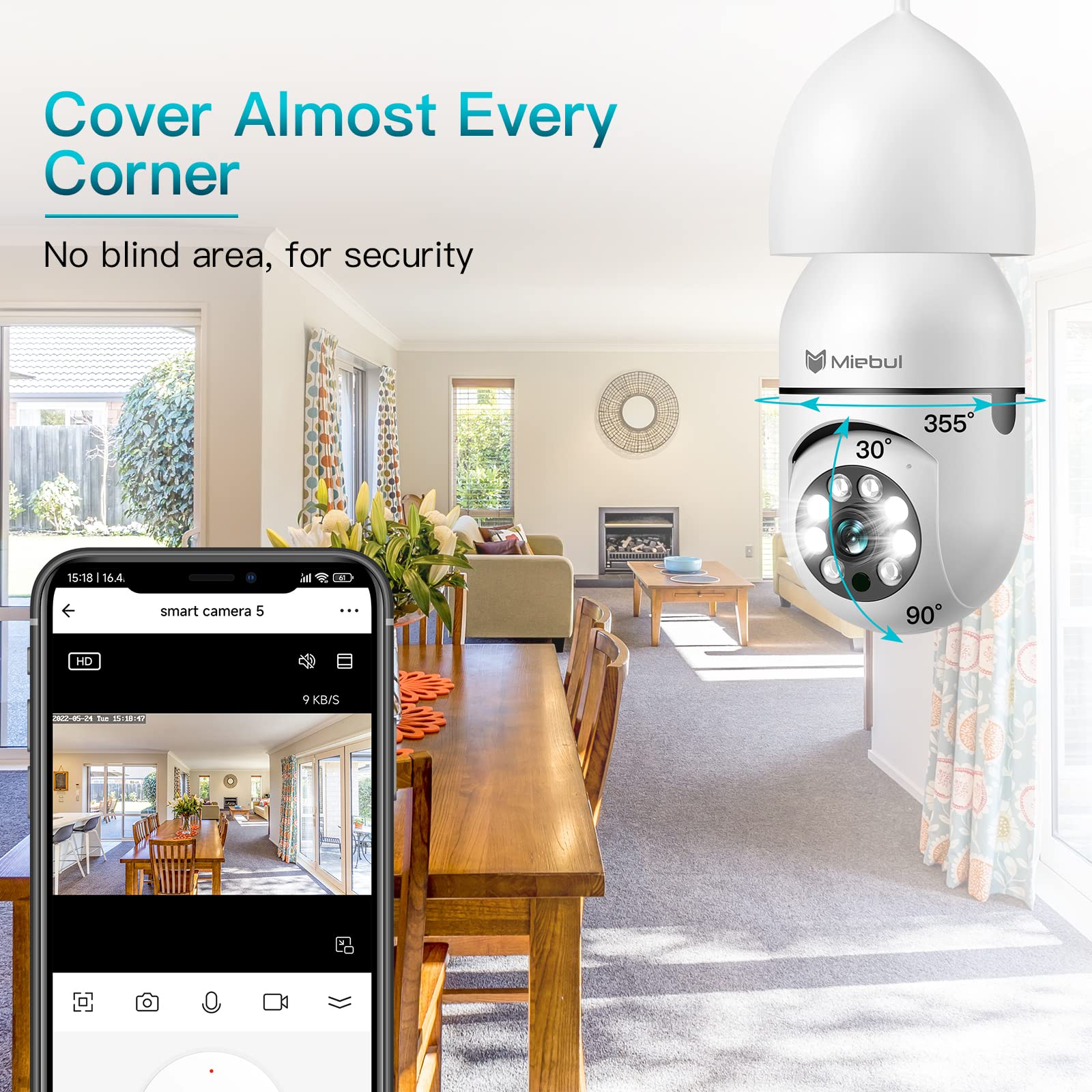 Miebul Light Bulb Camera, 2.4GHz WiFi Wireless Security Dome Camera, 1080P 355 Degree Security Surveillance Lightbulb Camera with Motion Detection Alarm Two Way Talk Night Vision Indoor