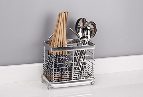 SUS 304 Stainless Steel Hanging 2 Compartments Mesh Utensil Drying Rack/Chopsticks/Spoon/Fork/Knife Drainer Basket Flatware Storage Drainer (Square)