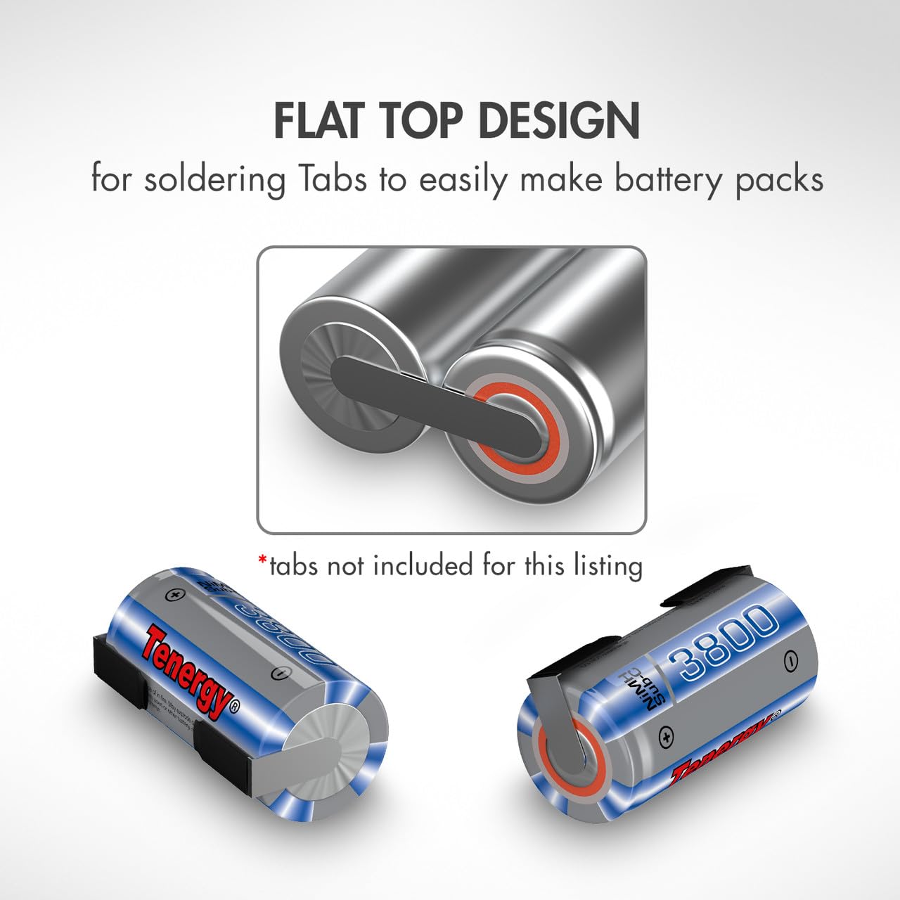 Tenergy Propel Sub C 3800mAh NiMH Flat Top Rechargeable Batteries (Special Size) Flat TOP