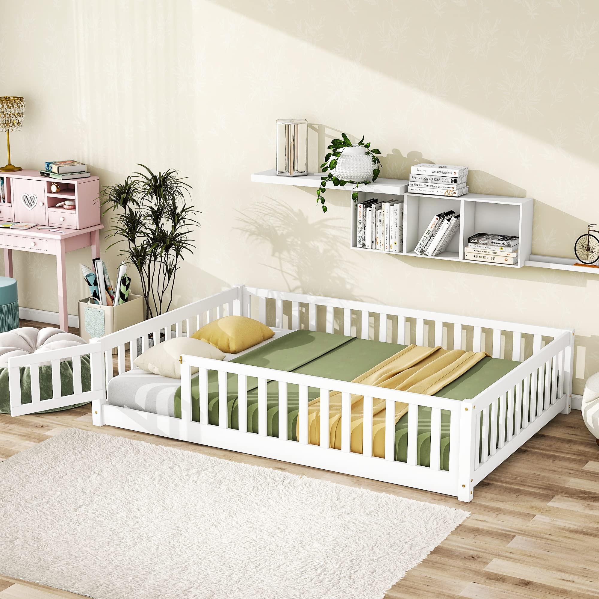 i-POOK Twin Floor Bed for Children, Sturdy Wood Montessori Bed Frame with Wood Slats, Fence & Door, Montessori Floor Bed for Girls and Boys, White