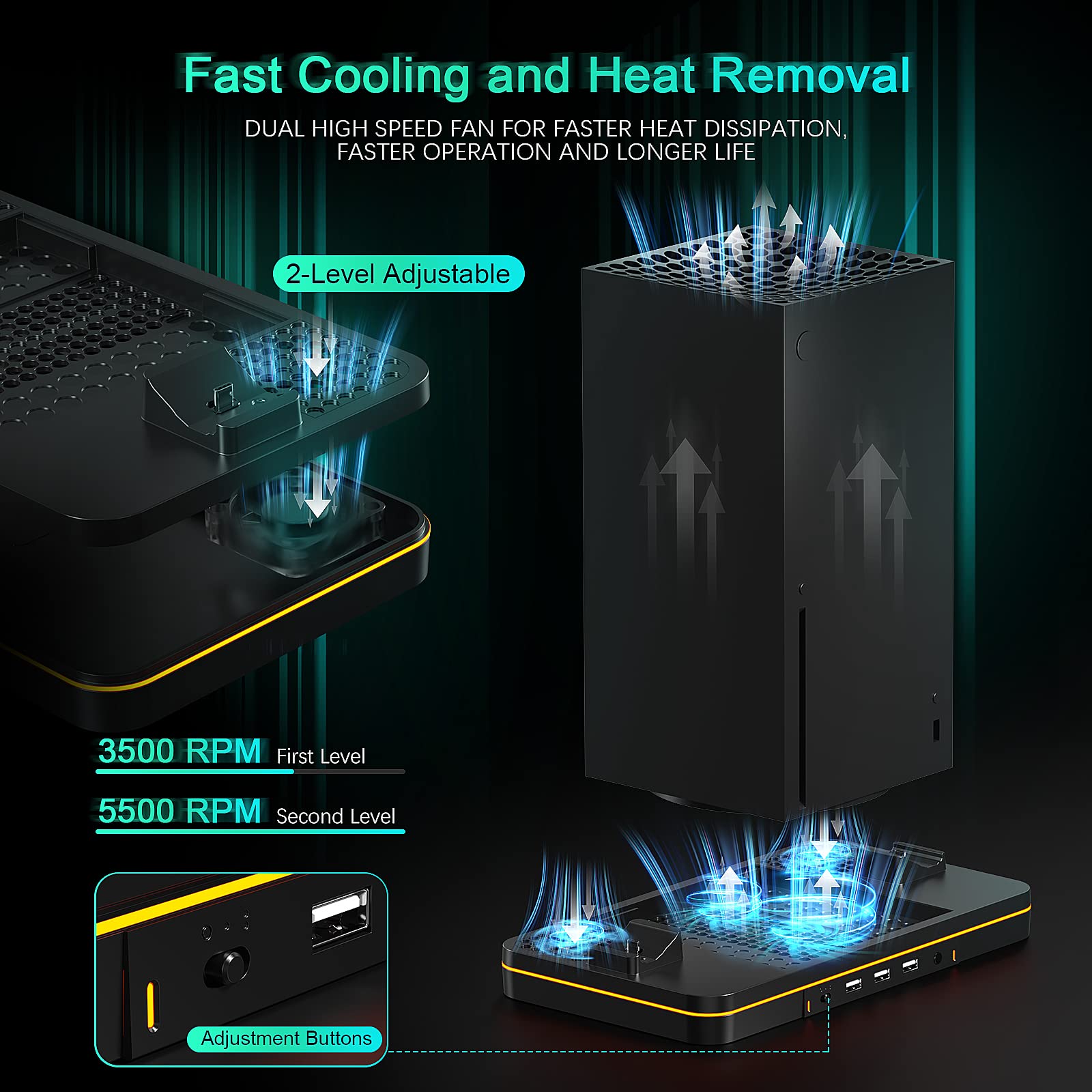 Vertical Cooling and Charging Stand Compatible with Xbox Series X/S Console&Controller, 7 Color Lights/3 USB Ports, Vertical Dual Controller Charger Station Dock Accessories - 2 Gear Fan Speed