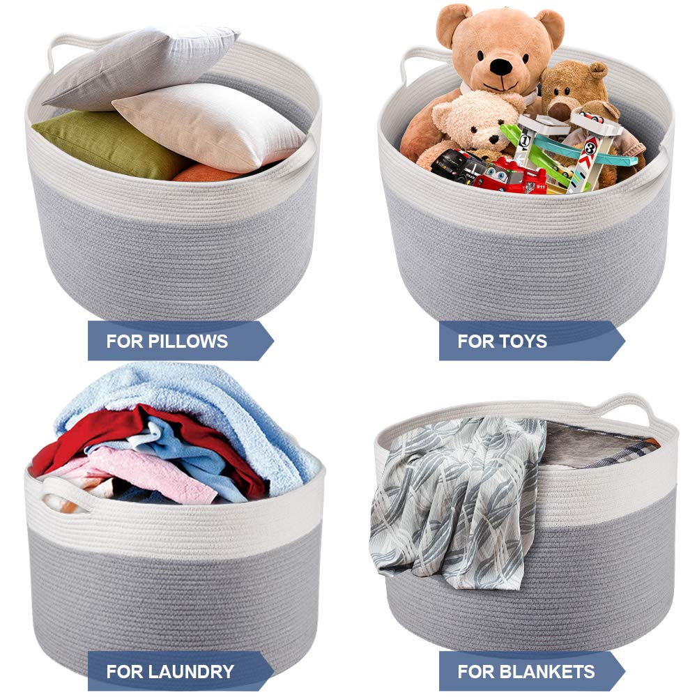 Zilink Large Blanket Basket for Living Room 21.7" x 13.8" Rope Woven Baskets for Storage Decorative Toy Basket for Organizing with Carry Handles, Grey White
