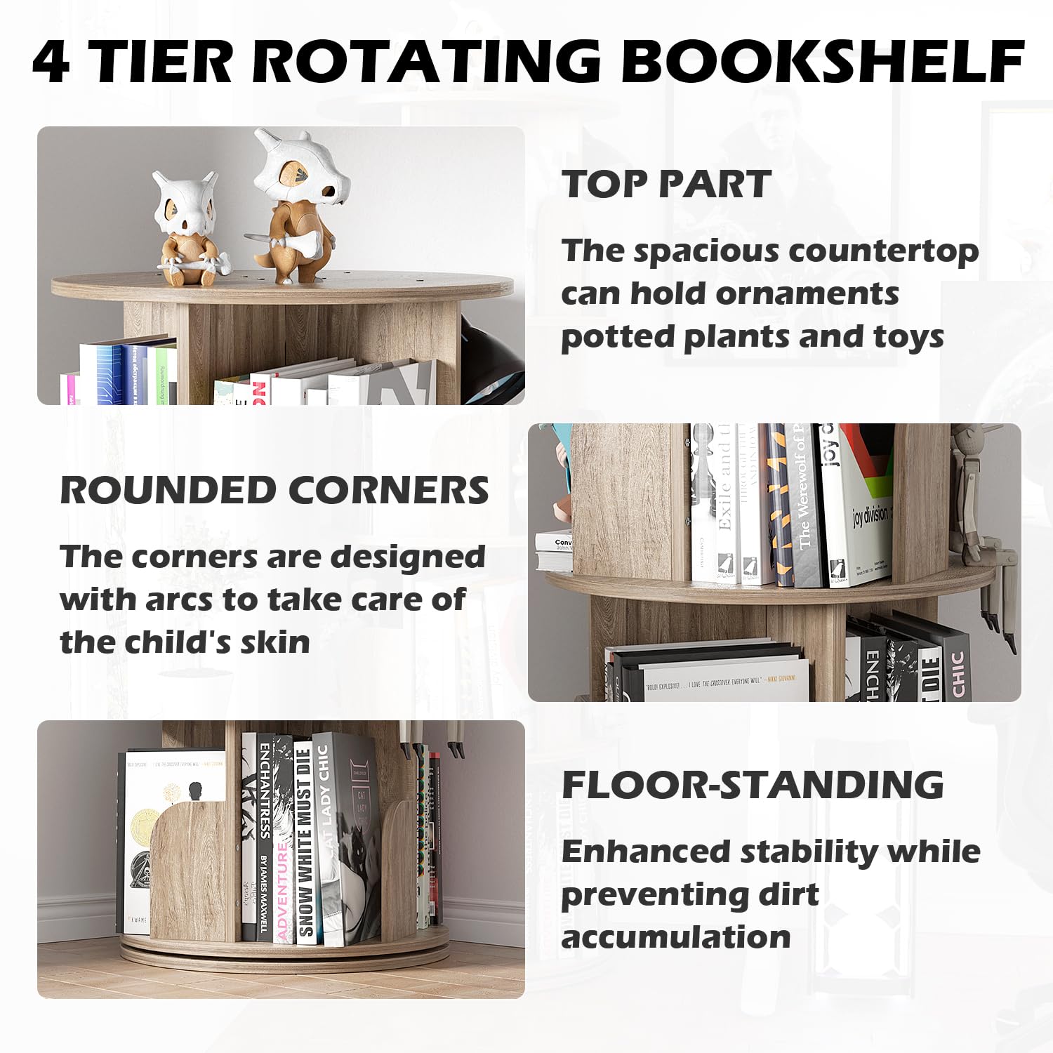 GOOFCXO 4 Tier Rotating Bookshelf, 360° Revolving Bookcase Wood Rotating Stackable Shelves Floor-Standing Storage Display Rack Used in Bedrooms Living Rooms Study Office (52"x18"x18")