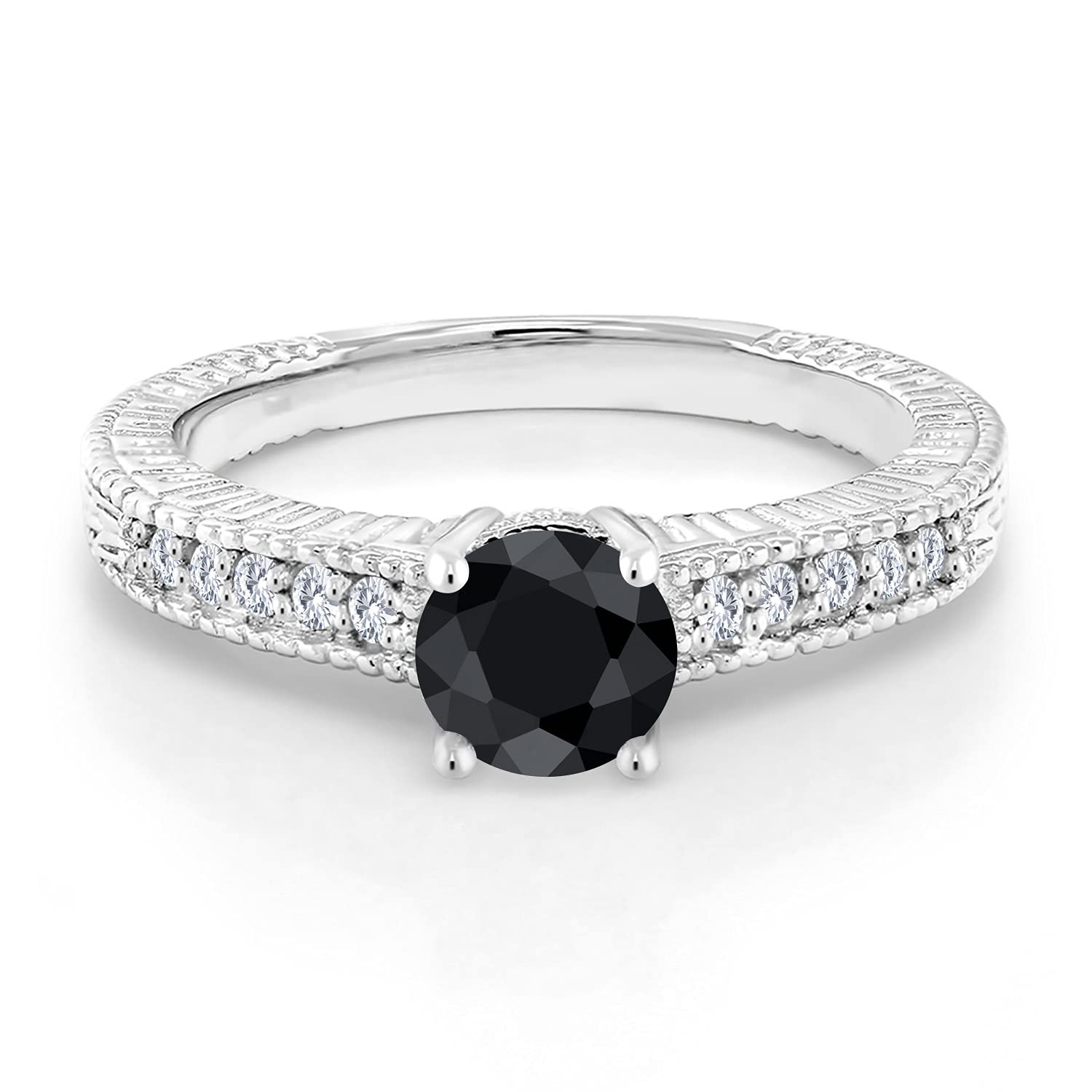 Gem Stone King 925 Sterling Silver Round Black Sapphire and White Moissanite Women Engagement Ring (1.30 Cttw, Gemstone Birthstone, Available In Size 5, 6, 7, 8, 9)