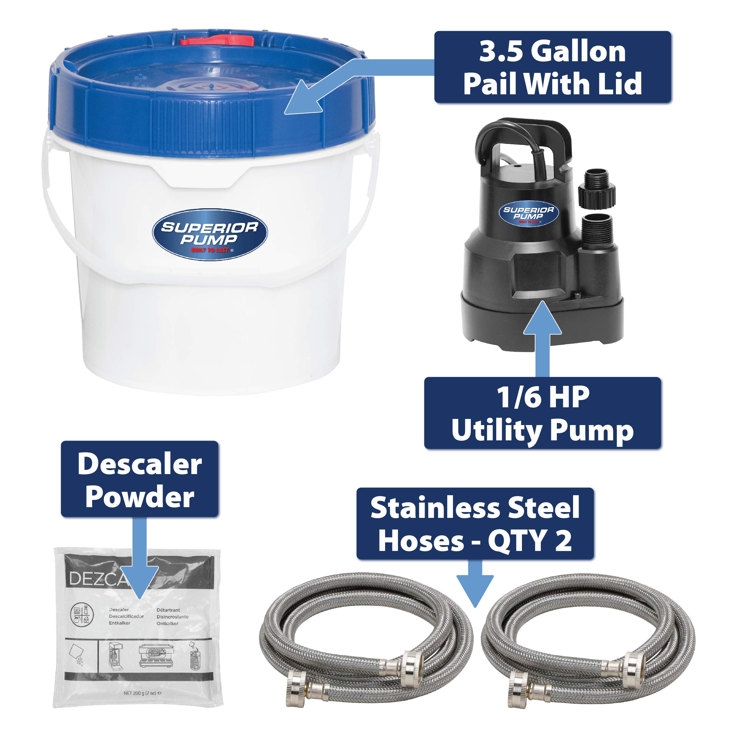 Superior Pump 91660 Tankless Water Heater Descaler Pump Kit with Non-toxic Descaler Solution, 3.5 Gallon, Deluxe