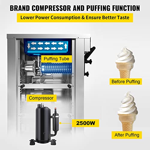 VEVOR Commercial Ice Cream Machine with Two 12L Hoppers Soft Serve Machine with 3 Flavors Commercial Ice Cream Maker 2500W Compressor Soft Ice Cream Machine with LCD Panel for Restaurants Snack Bar