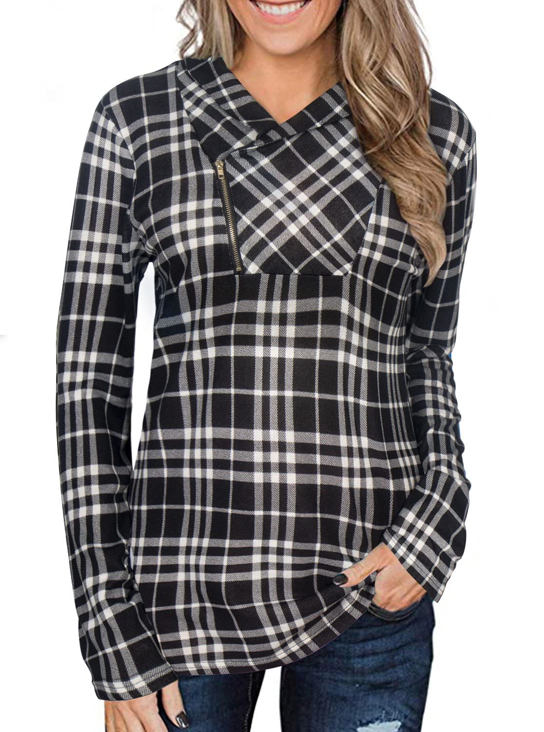 Cyanstyle Womens Cowl Neck Zipper Sweatshirt Casual Long Sleeve Tunic Pullover Plaid Black Medium