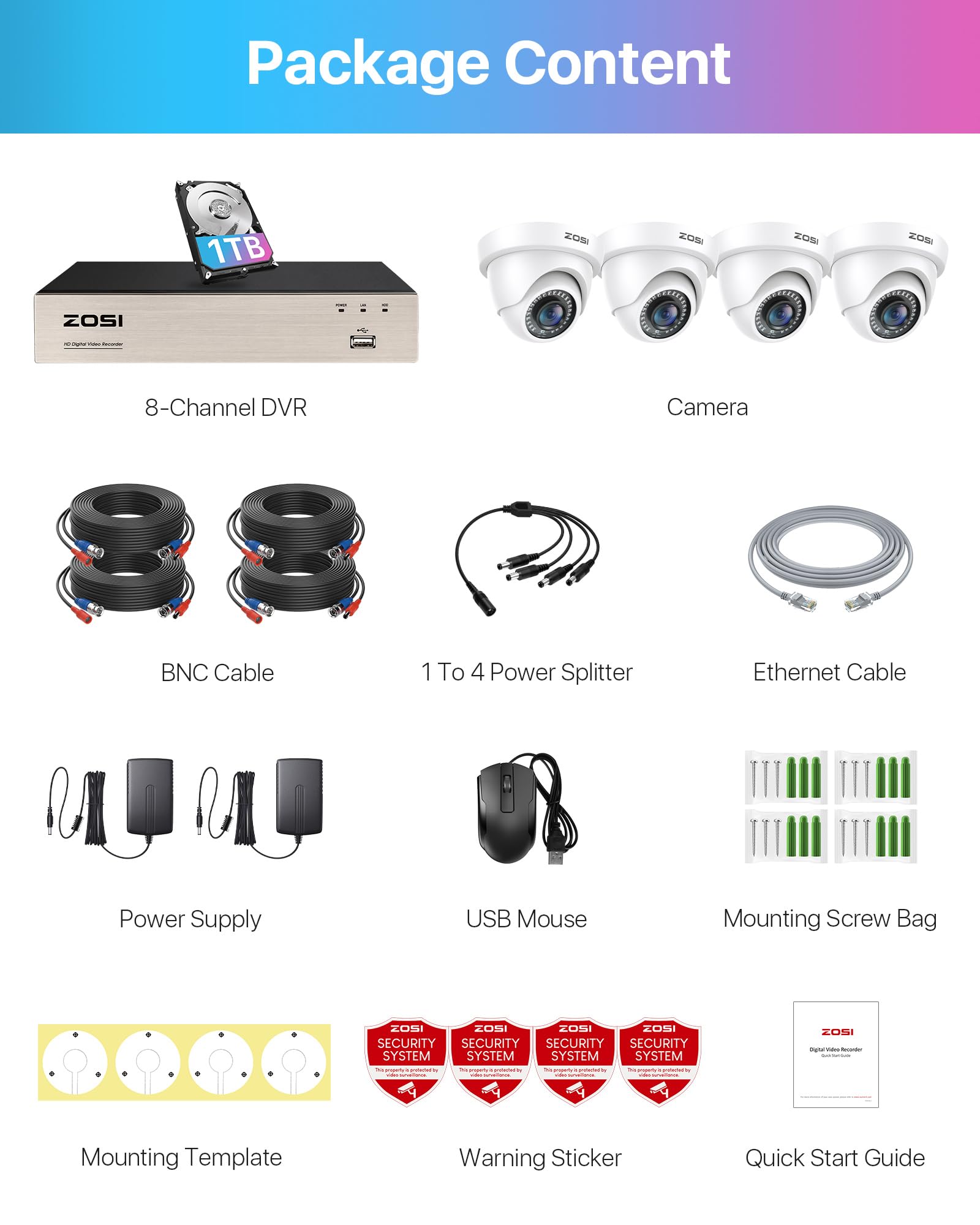 ZOSI 3K Lite Security Camera System with 1TB Hard Drive,AI Human/Vehicle Detection,Night Vision,H.265+ 8Channel HD TVI DVR Recorder,4pcs 1080P HD 1920TVL Indoor Outdoor Surveillance CCTV Dome Cameras