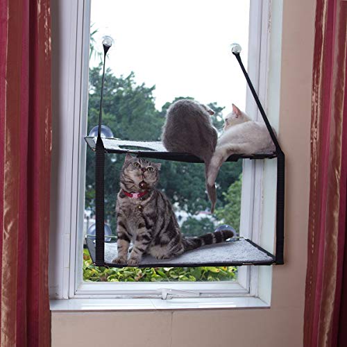 LIFIS Cat Window Perch Cat Hammock for Window 2 Layers Bed Up to 55lb Can Be Installed on Small Window Soft Mats Stable Metal Frames Kitty Sunny Seat (Double Layers, Grey) (Cat Face)
