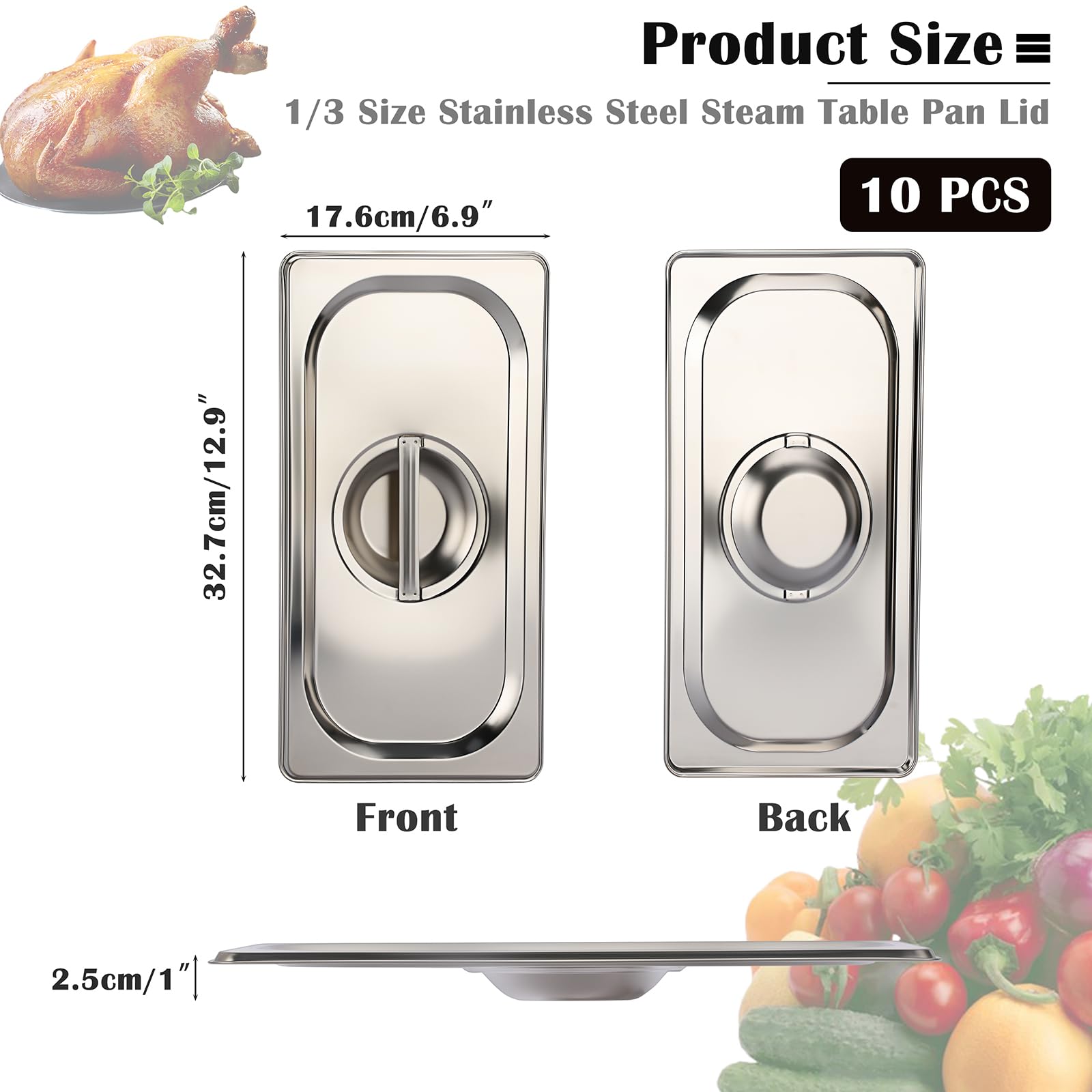 BSTKEY 10 Pack 1/3 Steam Table Pan Covers Stainless Steel Hotel Pan Lid with Handle, Catering Food Pan Cover,Hotel Pan Cover
