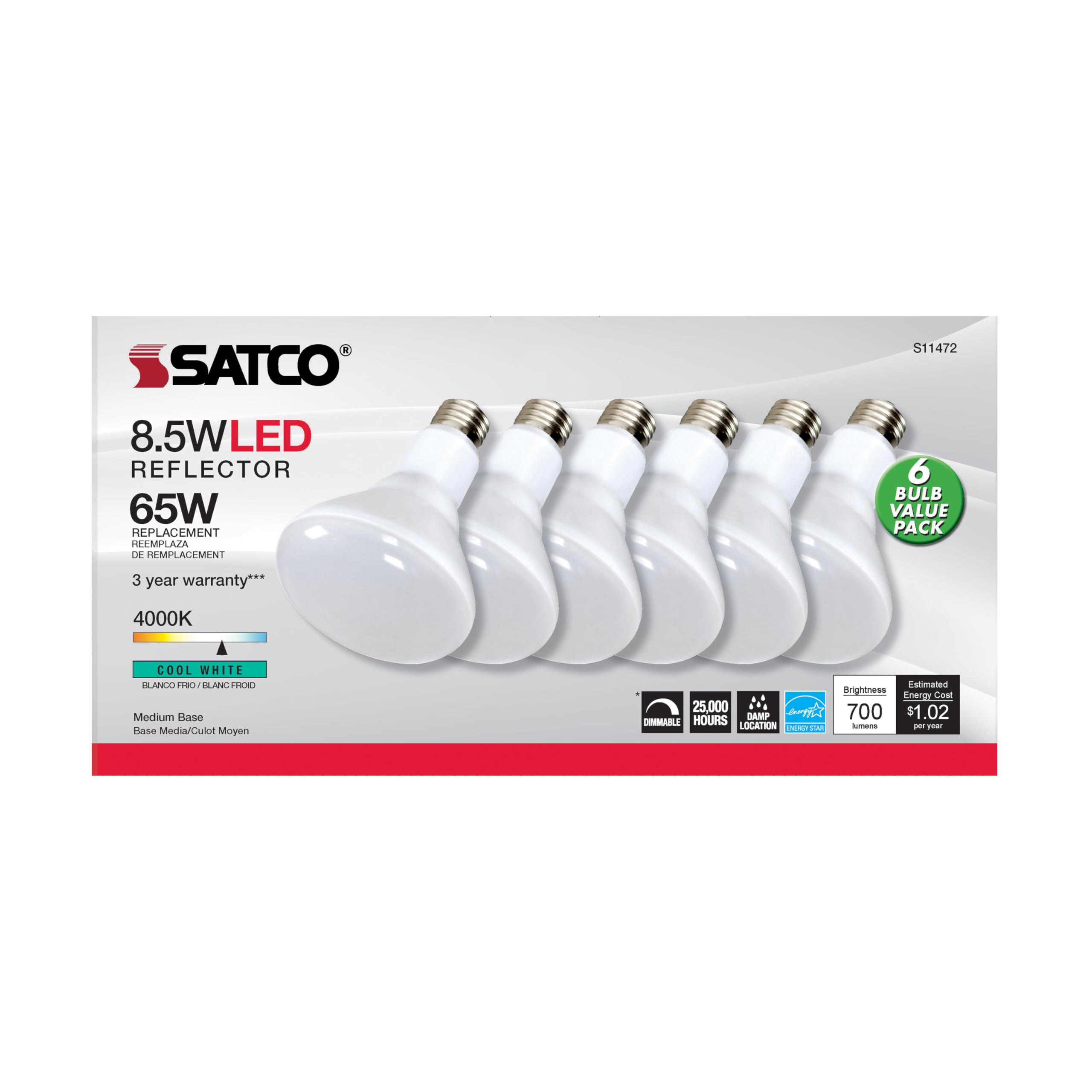 Satco S11472 LED BR30 Reflector Lamps, 65W Replacement, White, 8.5 Watts, 6 Pack