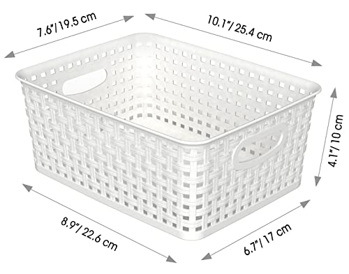 Woven Plastic Storage Baskets, 6 Pack White Weave Bins Organizer, 10.1" x 7.55" x 4.1"