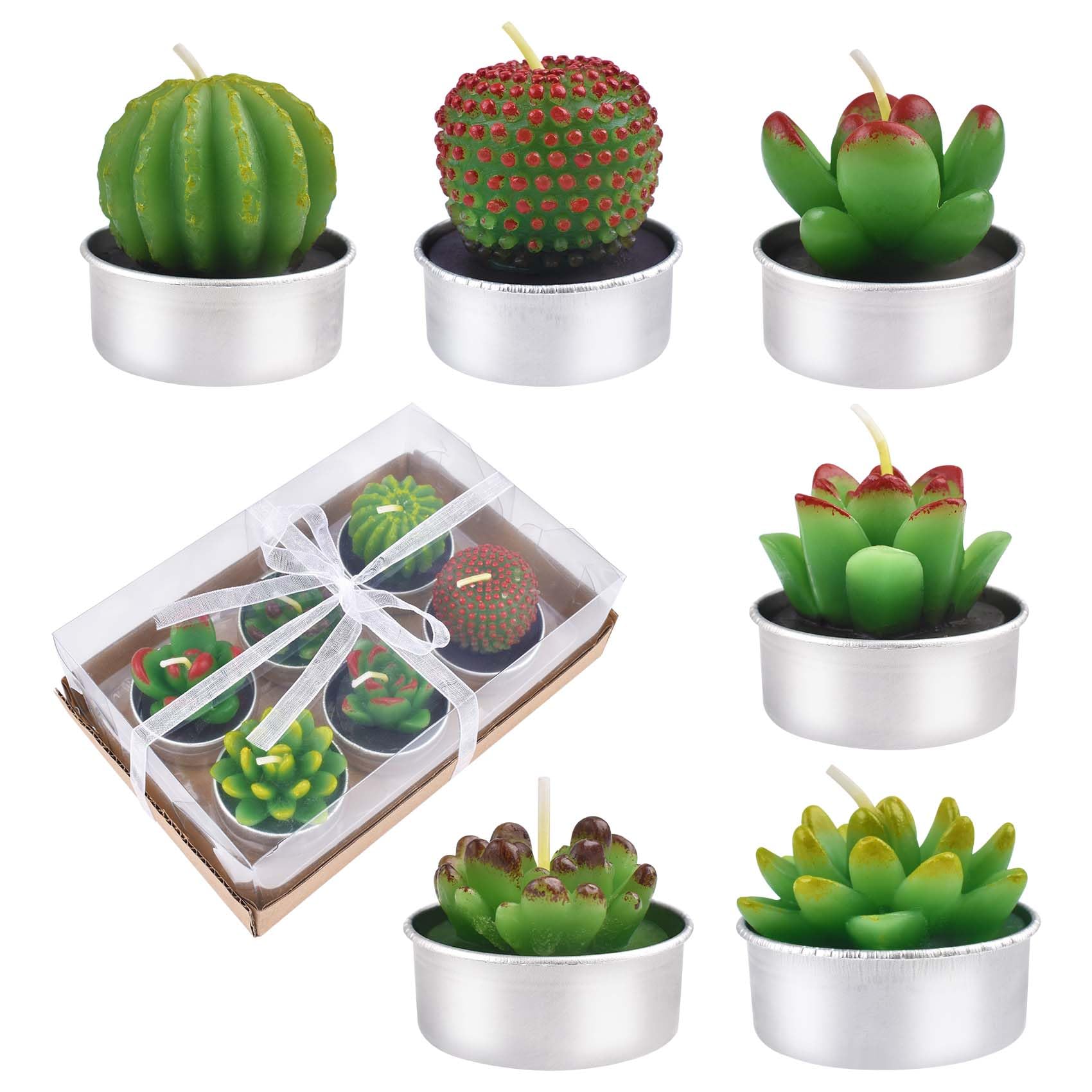 Cactus Candle, 6 PCS Cactus Tealight Candles, Handmade Delicate Succulent Candles, 6 Designs Cute Smokeless Succulent Plants Candle for Birthday Wedding Home Party (Style1)