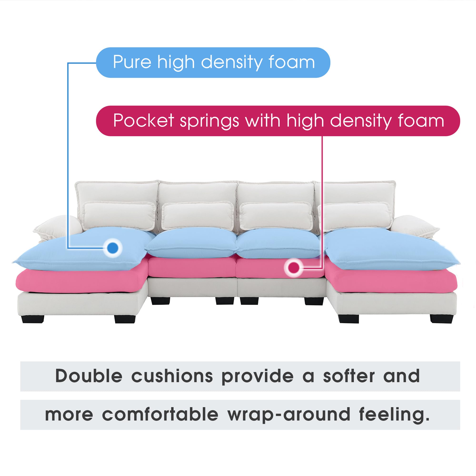 GNIXUU 109.8β Sectional Sofa Cloud Couch for Living Room, Modern Chenille Large Overstuffed U Shaped Couch, Comfy Modular Sofa Sleeper with Double Chaise & Cushions(White)
