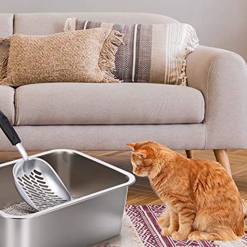 Zubebe 3 Pack Stainless Steel Cat Litter Box with 3 Pcs Cat Litter Scoop Cat Litter Box Metal Litter Scoops Never Absorbs Odor, Rustproof, Non Stick Smooth Surface (15.7 x 11.8 x 5.9 Inches)