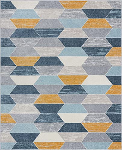 Well Woven Everleigh Honeycomb Hexagon Geometric Blue, Mustard Gold, Grey Area Rug 8x11 (7'10" x 9'10")