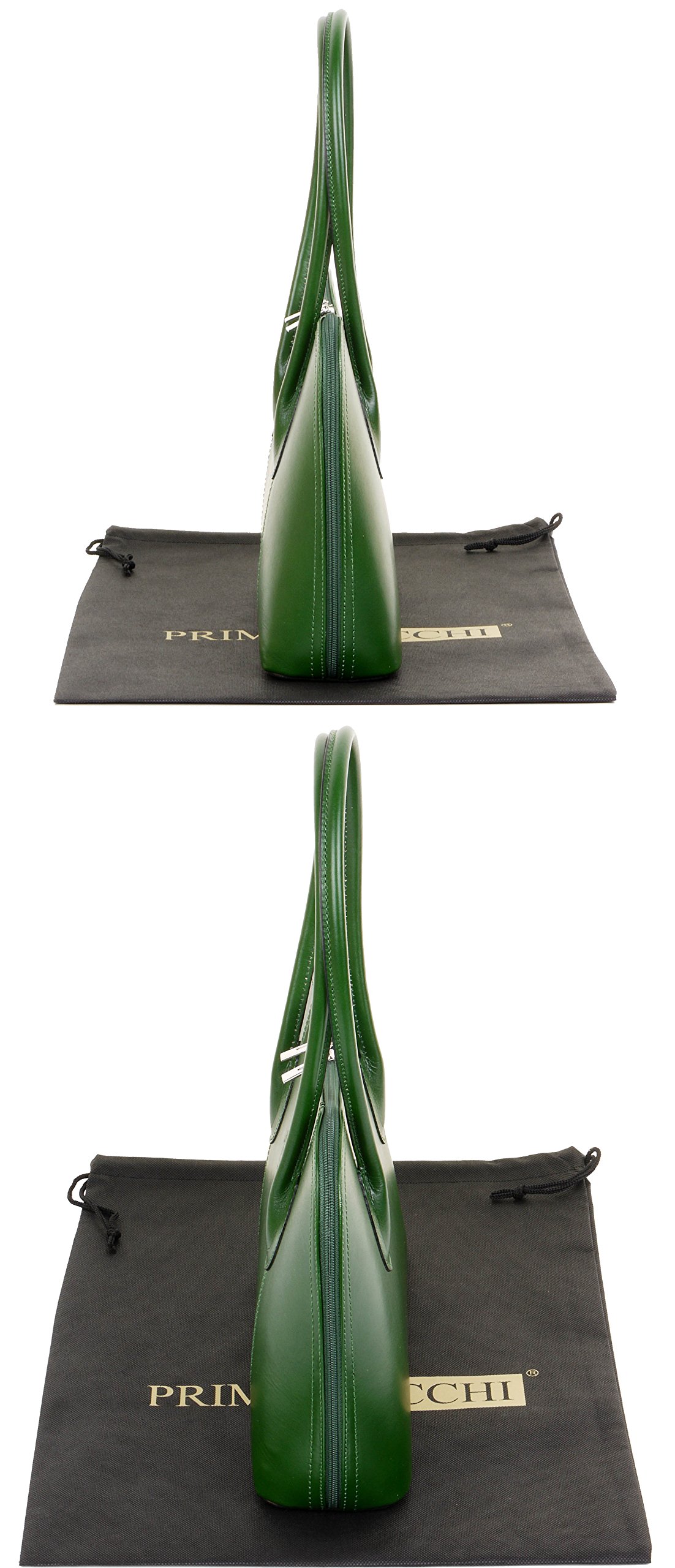 PRIMO SACCHI Italian Smooth Leather Green Classic Long Handled Handbag Tote Grab Bag Shoulder Bag