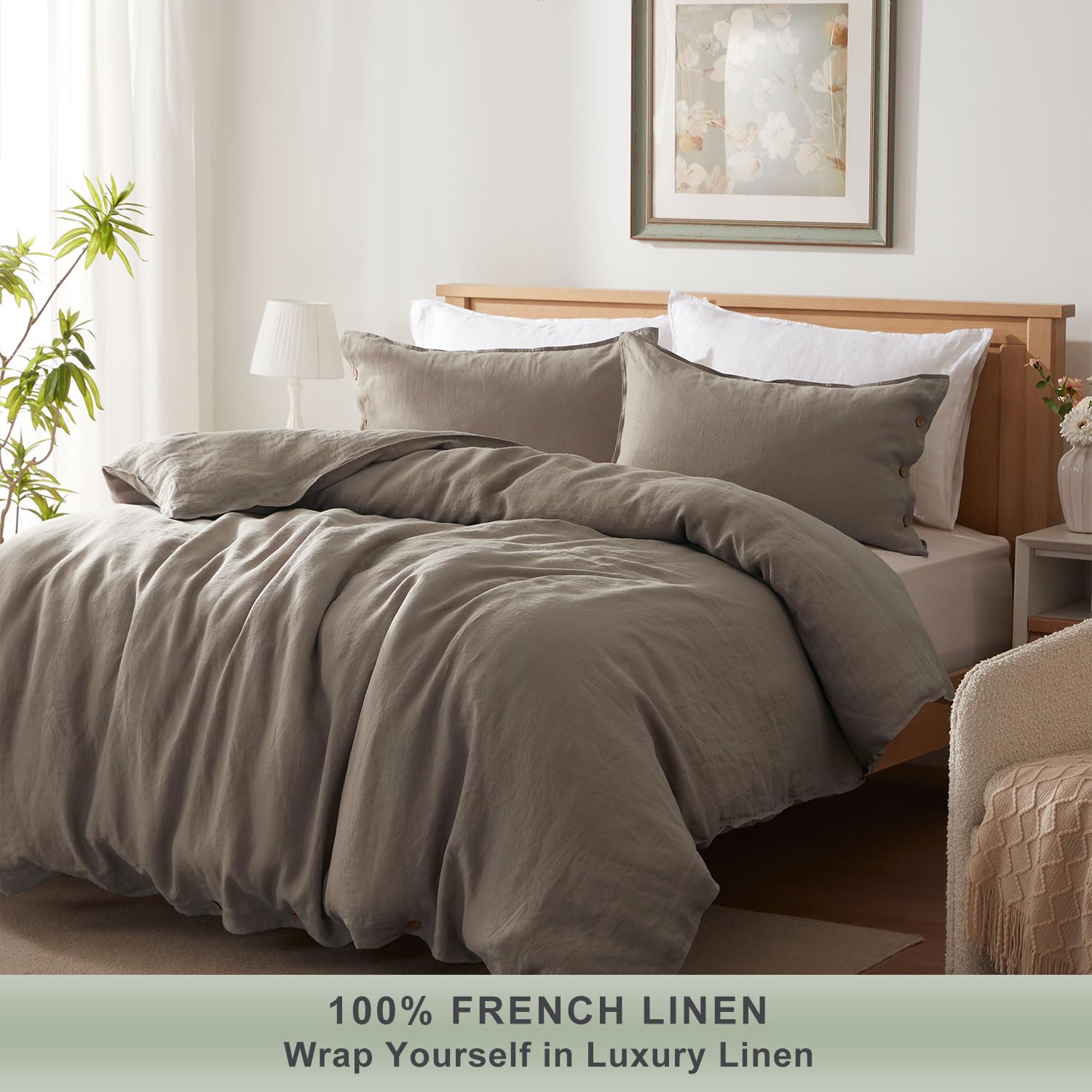 TOSMO 100% Linen Duvet Cover Set with Button Closure, 3 Pieces (1 Duvet Cover with 2 Pillowcases), Soft Breathable Durable Farmhouse Bedding - King, Taupe