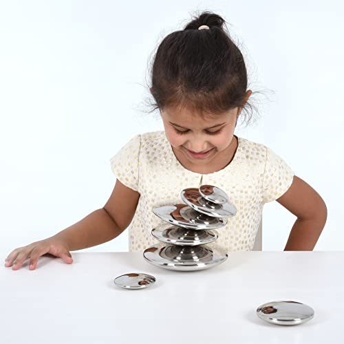 TickiT Sensory Reflective Silver Buttons - Set of 7 - Mirrored Discs for Babies and Toddlers Aged 0+ – Stainless-Steel, Sensory Stacking Pebbles - Stunning Nursery Decor