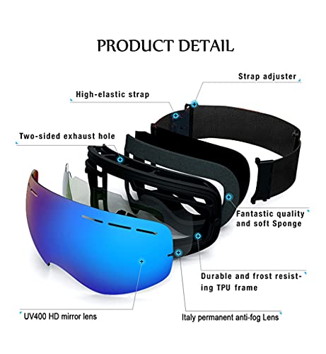 Bauhaus Snowboard Ski Goggles with Case, Winter Spherical Snow Goggles UV Protection, Anti-Fog & OTG Design Snowmobile Goggles