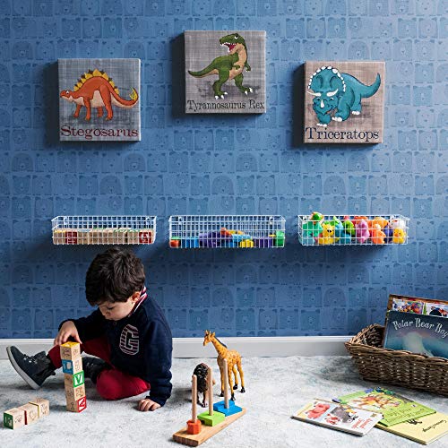 Wall35 Kansas Wall Mounted White Bookshelf for Kids' Room Decor, Metal Wire Storage Basket Set of 6 (Varying Sizes)
