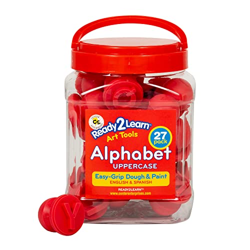 READY 2 LEARN Easy Grip Dough and Paint Stampers - Uppercase Alphabet - Set of 27 - Ages 2+ - Easy to Hold Letter Stamps for Kids