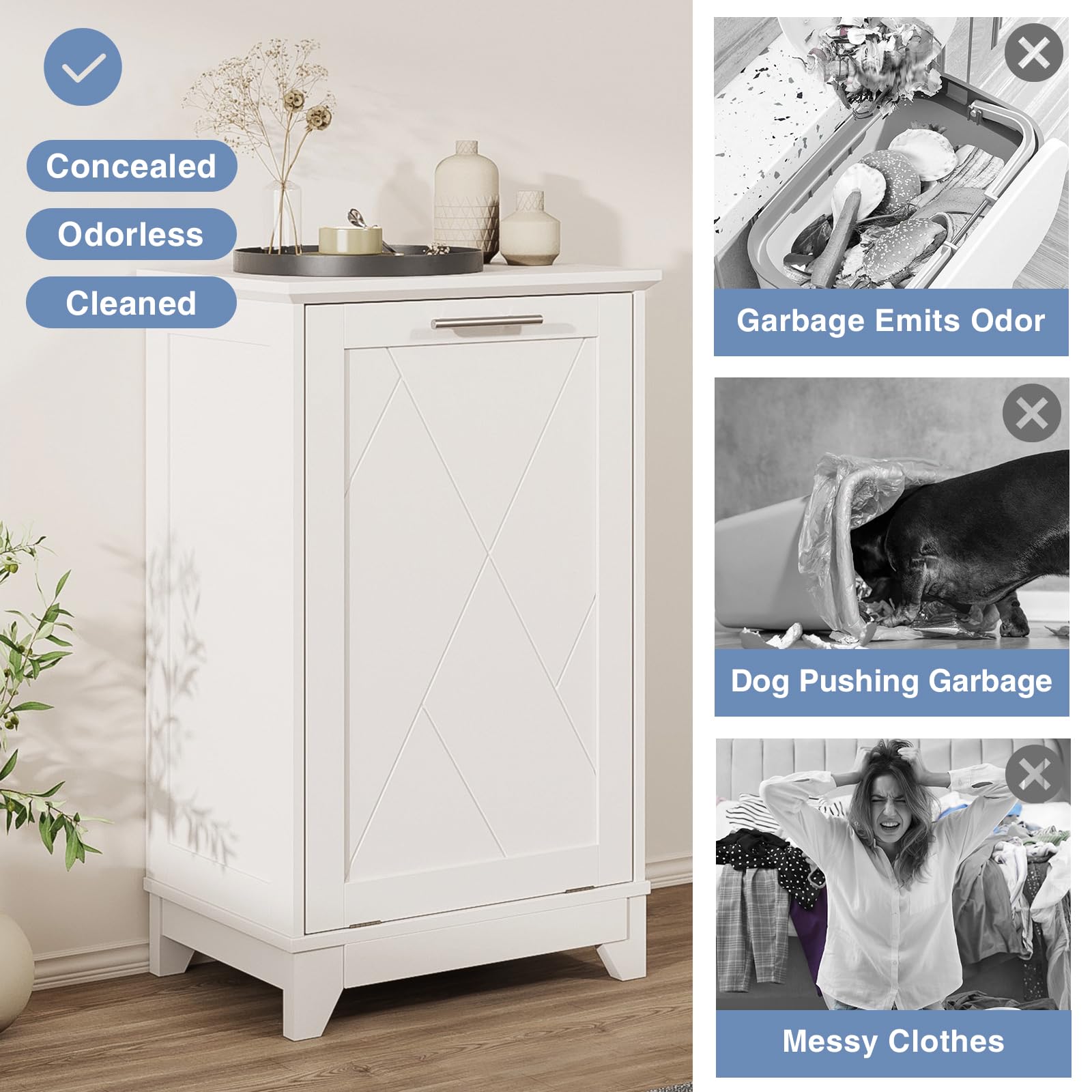FiveWillowise Tilt Out Trash Cabinet, Kitchen Trash Can Cabinet w/Negative ion and deodorizing Function, Dog Proof 20 Gallon Garbage Can Cabinet for Kitchen, Bathroom, Living Room, White