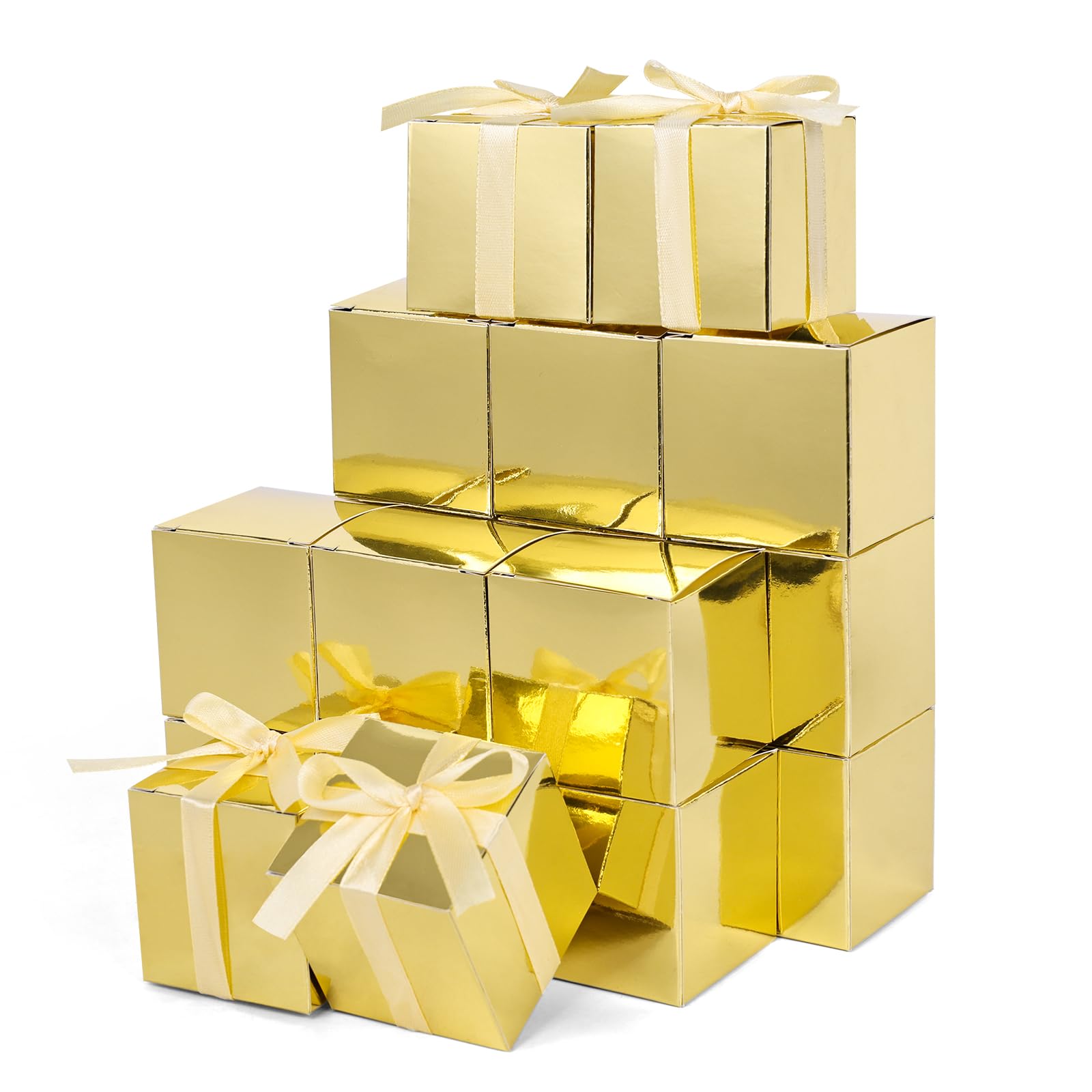 VGOODALL 50PCS Mini Gift Boxes, Candy Treat Boxes Tiny Cardboard Boxes Favor Boxes with Ribbon for Bridal Shower Birthday Party Gold