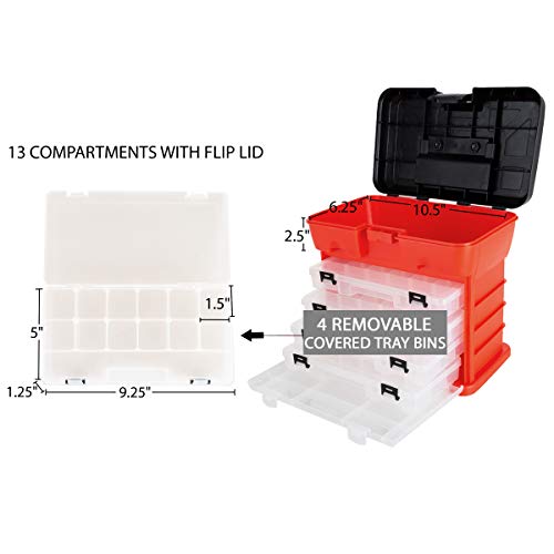 Storage Tool Box - Portable Multipurpose Organizer With Main Top Compartment and 4 Removable Multi-Compartment Trays by Stalwart,Red,11 in x 7 in x 10 in