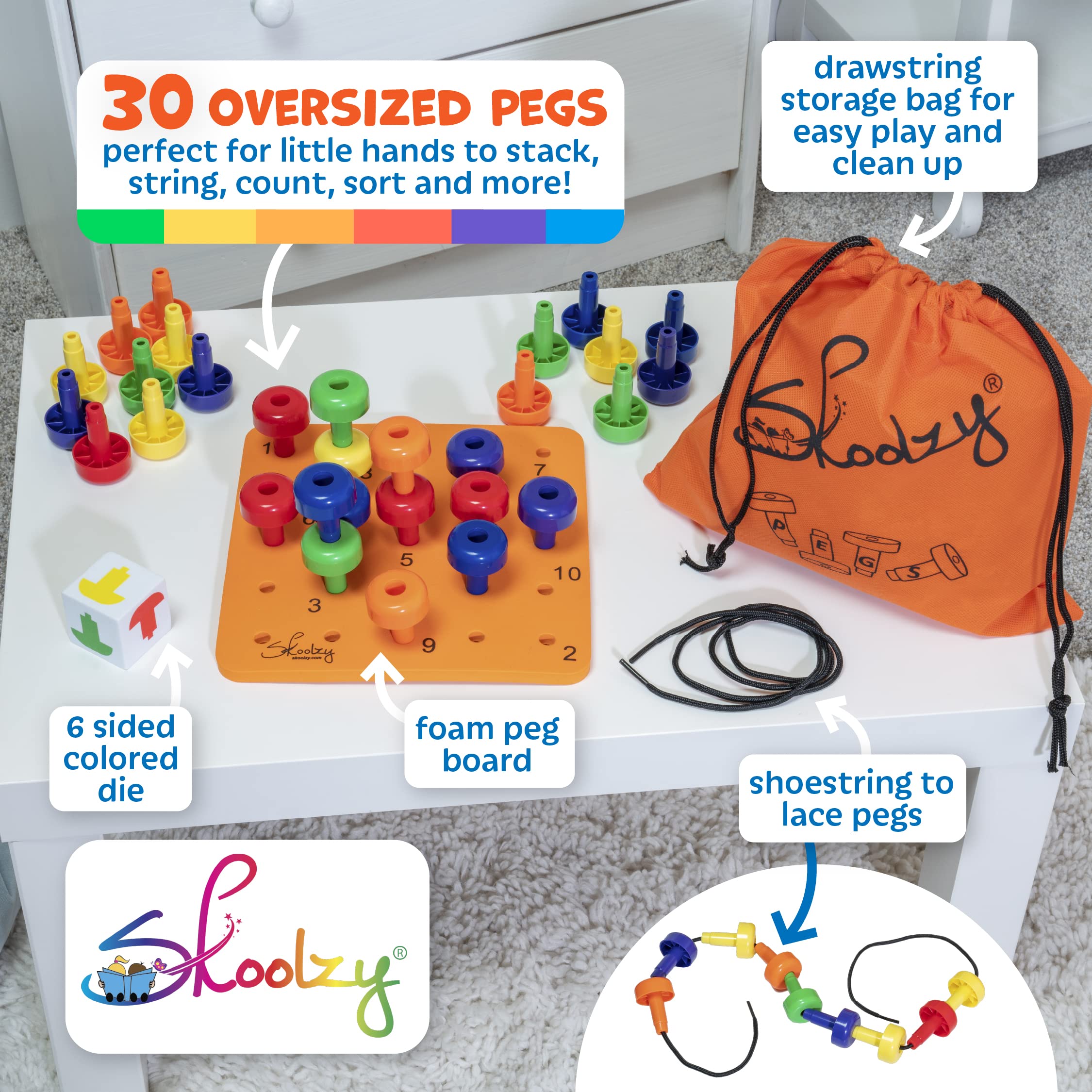 Skoolzy Montessori Sensory Peg Board 34 Piece Set - Develop Sensory Play Occupational Therapy STEM Learning Educational Toys for Kids 2+ - Includes Foam Board, Lacing String, Dice, Storage Bag, eBook