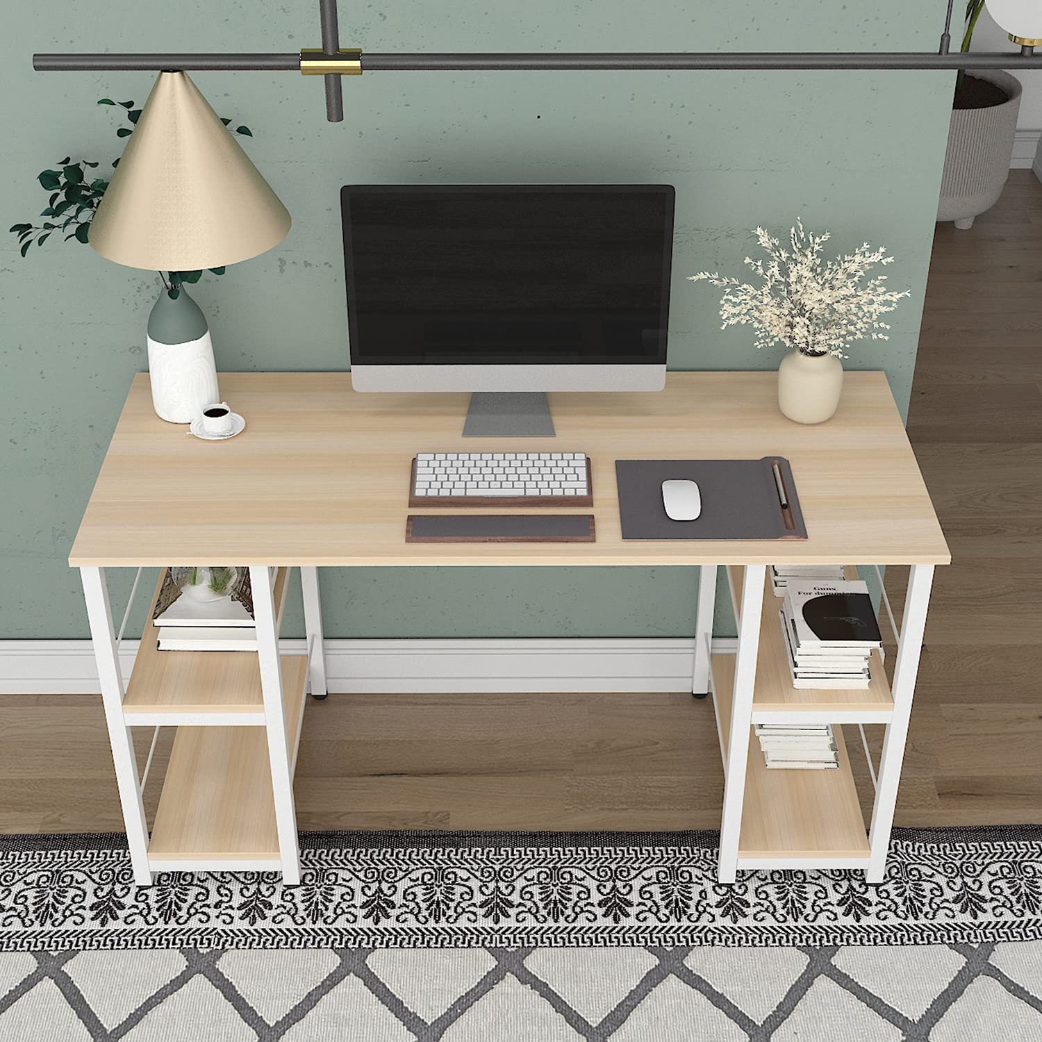 DlandHome 55 inches Computer Desk, Home Office Trestle Desk, Large Workstation Desk with Shelves,Writing Table, DZ012, Maple
