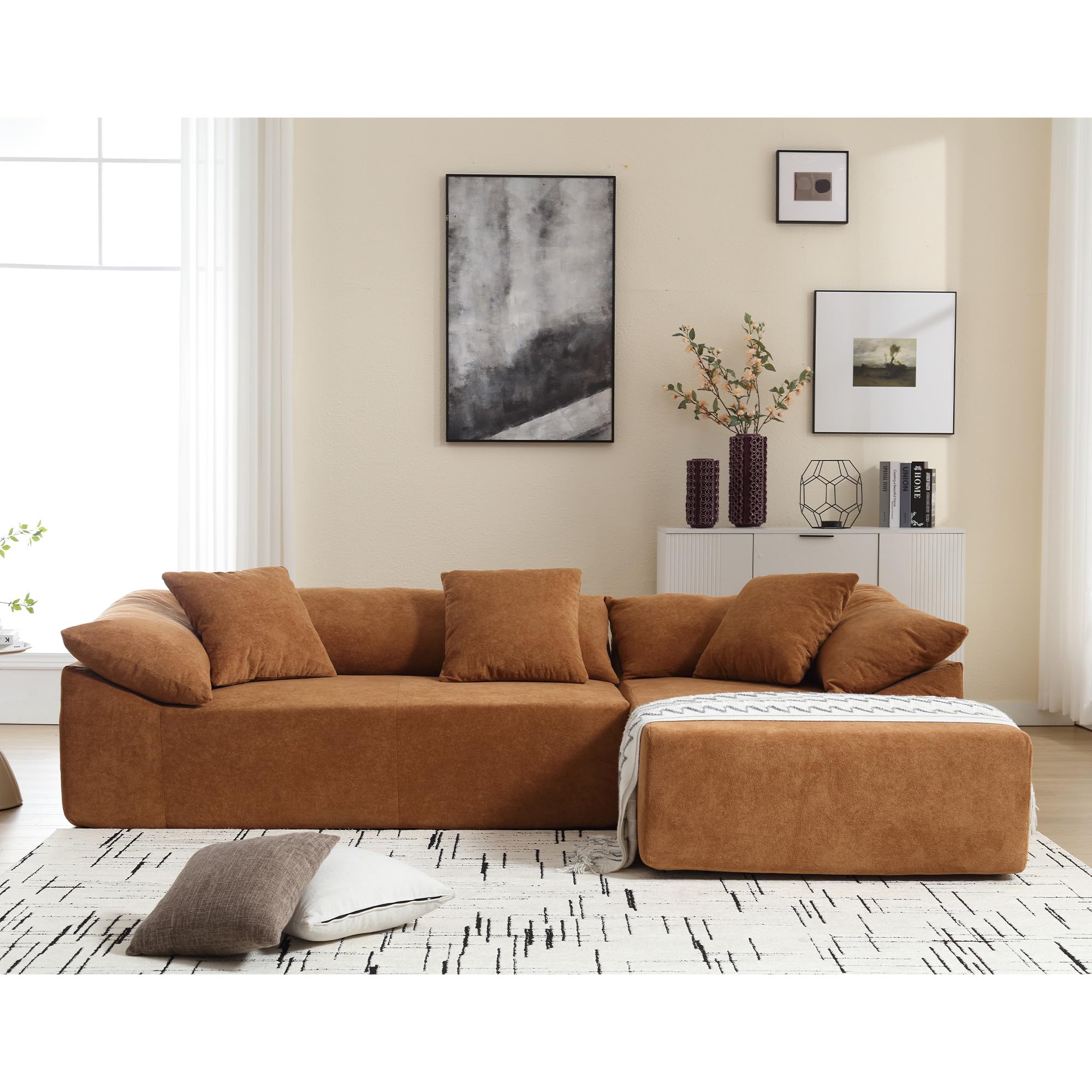 Tmsan Deep Seat L Shaped Sectional Sofa, 105.9" 2 Piece Modular Cloud Couch, Modern Comfy Floor Sofa with Left Chaise & 3 Pillows for Living Room Apartment Office, Terrycloth Fabric (Brown)