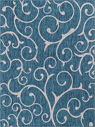 Unique Loom Outdoor Botanical Collection Area Rug - Curl (9' x 12' Rectangle, Teal/ Ivory)