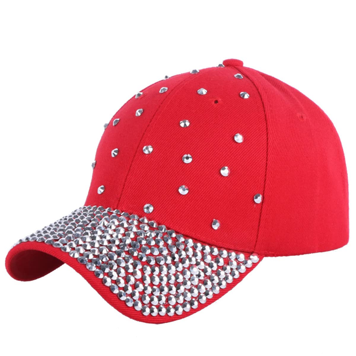 Gift_Source Women's Crystal Rhinestone Baseball Cap Studded Sparkle Bling Diamond Cotton Hat Casual Sport Cap Adjustable Breathable Dad Cap Fashion Sun Hats, Red with Silver Rhinestone