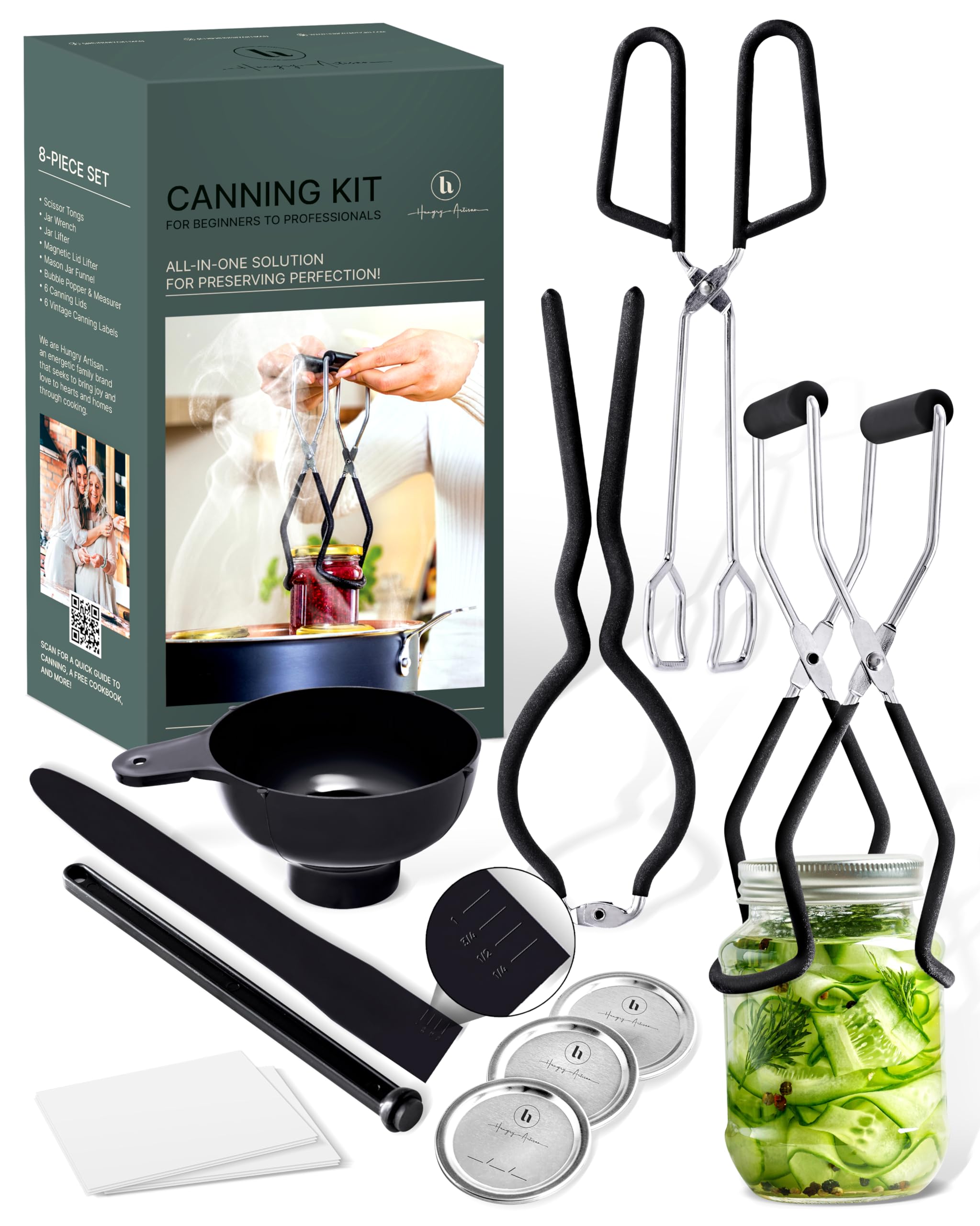 Canning Supplies Set of 8 โ Canning Kit for Beginners โ Complete Home Canners Equipment โ Mason Jar Lifter, Funnel & Wrench, Tongs, Bubble Popper, Magnetic Lid Lifter, Canning Labels & Lids