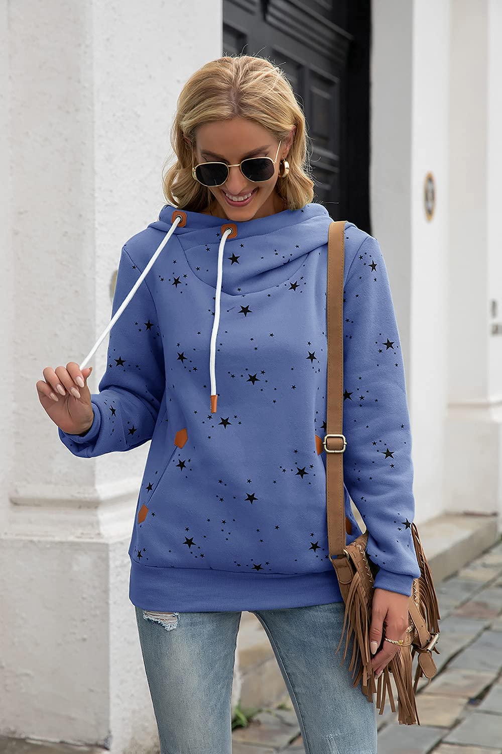 Kapoohott Womens Hoodies Long Sleeve High Necked Printed Hoodies Casual Comply Pullover Sweatshirts with Pockets(Blue,S)