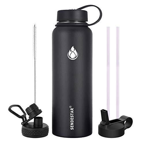 SENDESTAR Stainless Steel Water Bottle, 40 oz water bottle with 3 lids (Straw Lid), Double Wall Vacuum Insulated Leak Proof, Wide Mouth Water bottle
