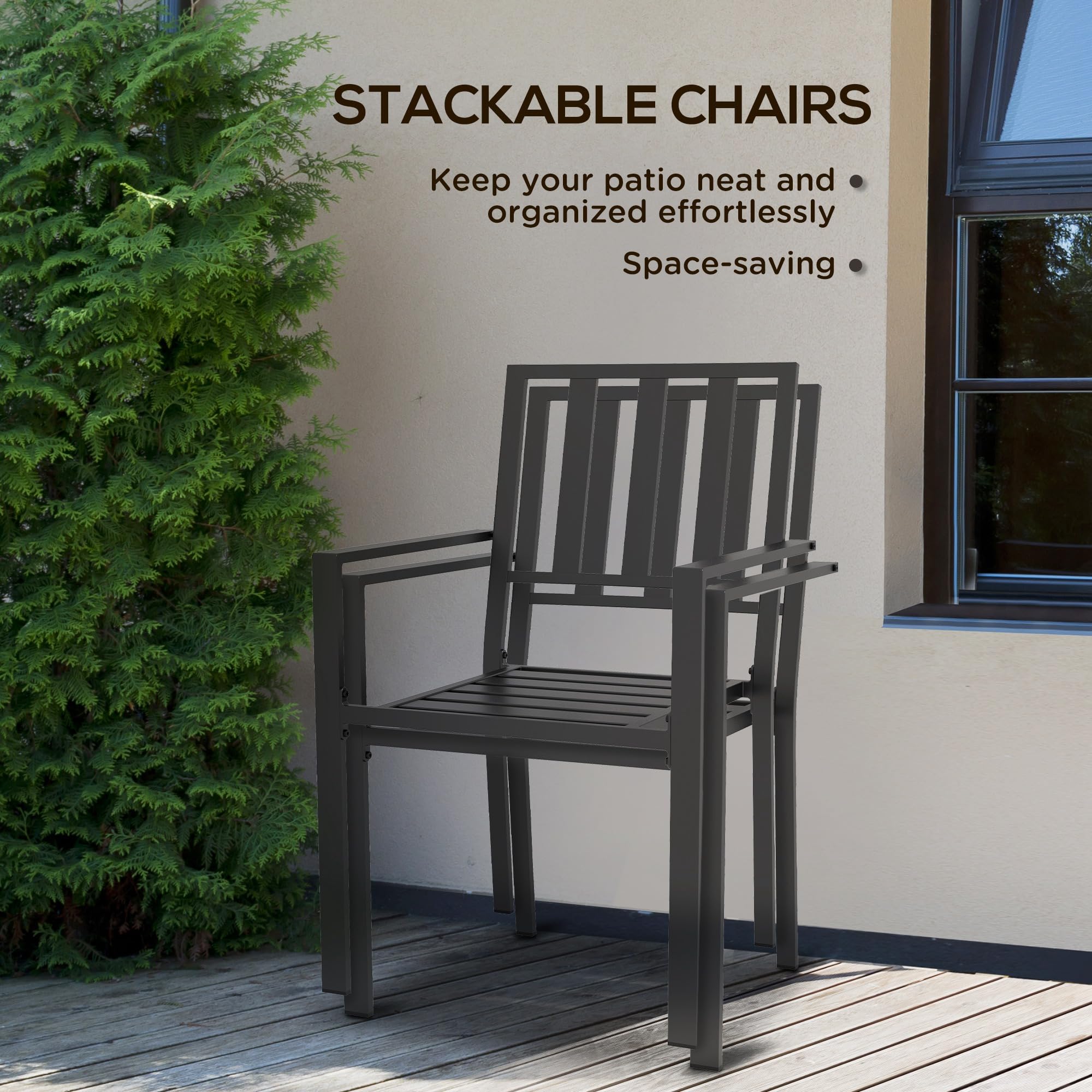 Outsunny Set of 2 Patio Dining Chairs, Stackable Outdoor Garden Bistro Chairs with Metal Slatted Seat & Backrest for Yard, Garden, Dark Brown