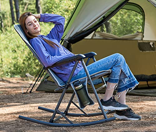 TIMBER RIDGE Padded High Back Folding Rocker Side Pocket Portable Rocking Lawn Chair Foldable for Camping Patio Garden, Supports 300 LBS, Grey