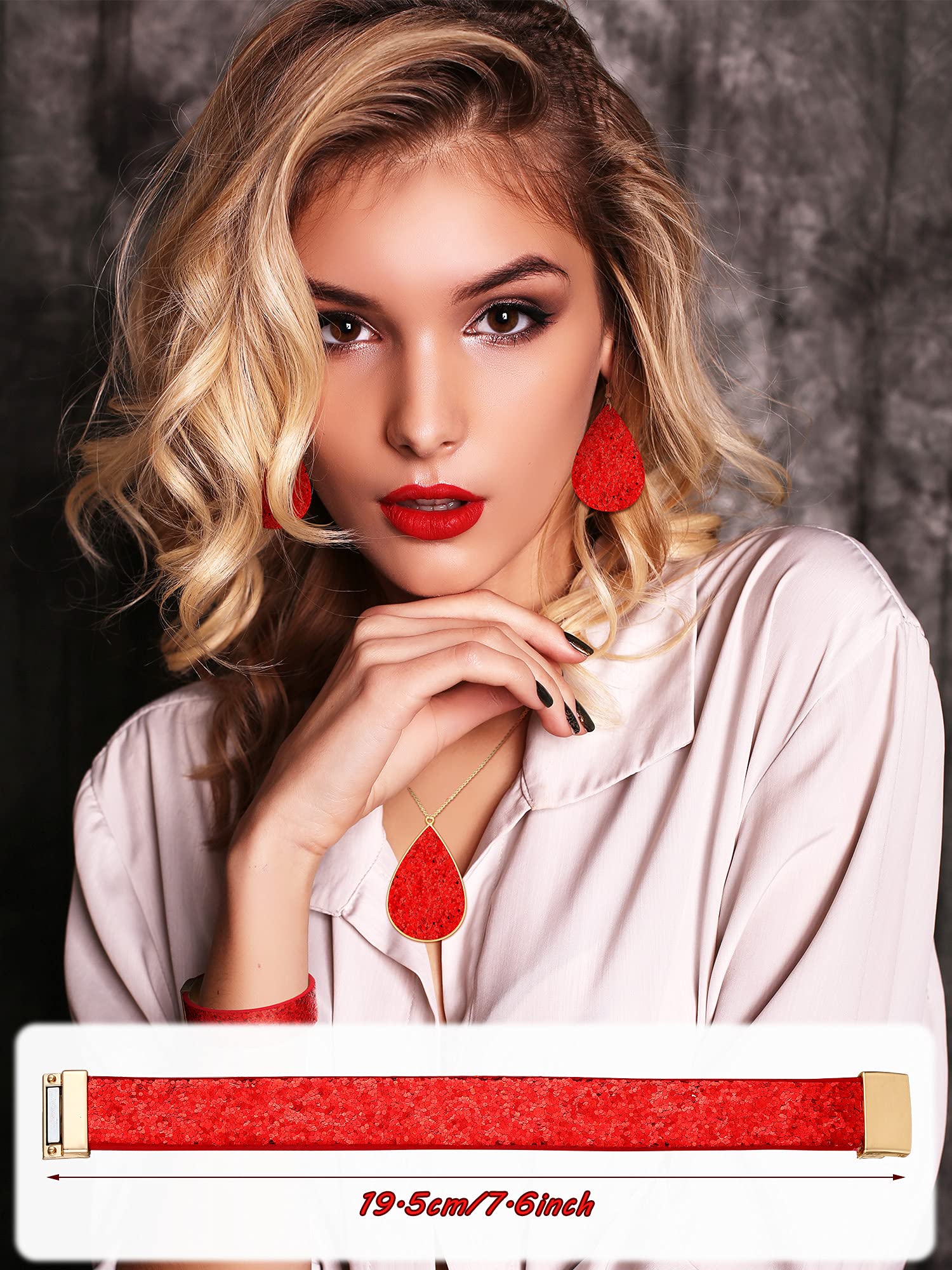 Hicarer Women's Glitter Jewelry Set, Include 2 Pieces Bridal Wedding Multi-Layer Bracelet 3 Pair Faux Leather Dangle Earrings 1 Piece Necklace for Women (Red)